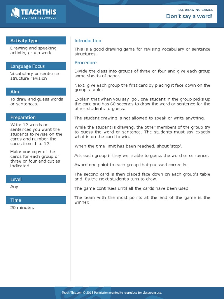 F&B Game Don't Say Words | PDF | English As A Second Or Foreign ...