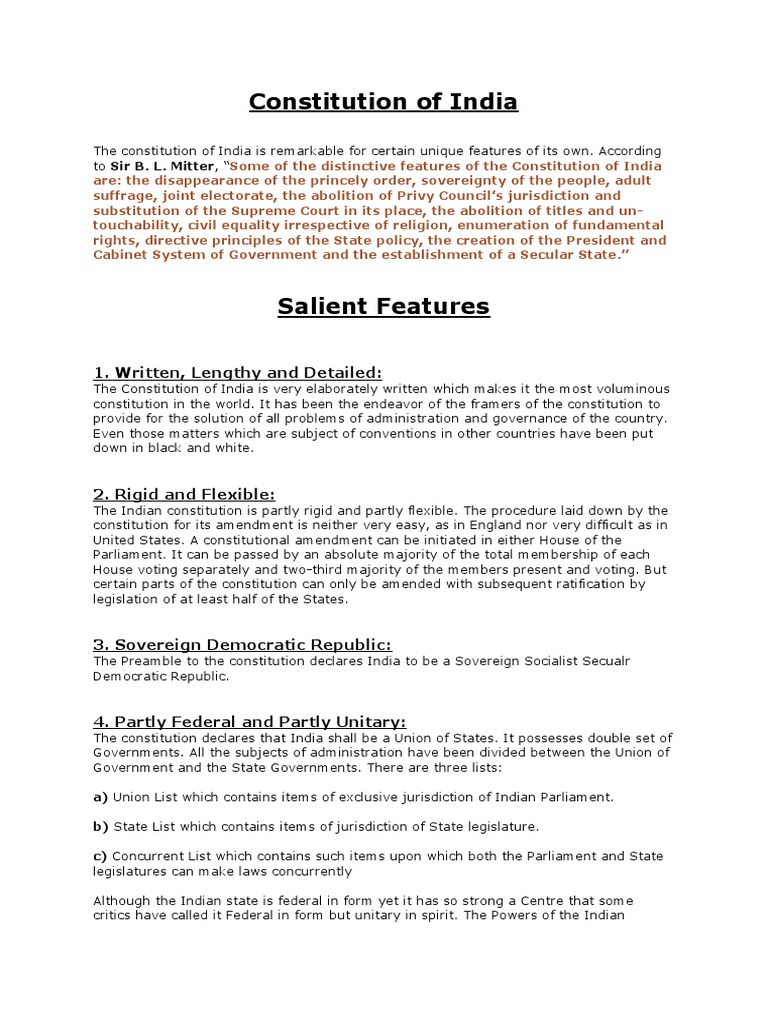 Constitution of India: 1. Written, Lengthy and Detailed | PDF ...