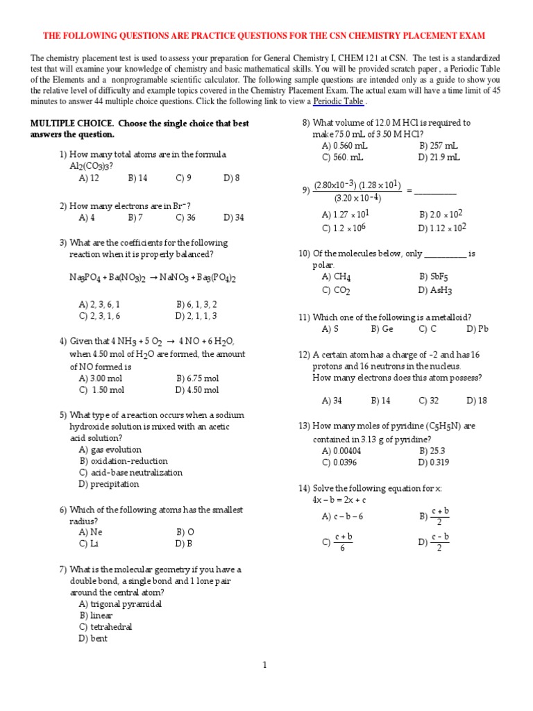 CSN Chemistry Placement Practice Test | PDF | Mole (Unit) | Test ...