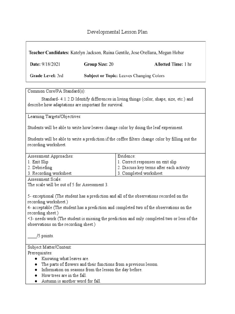 Final Change Color Lesson Plan | PDF | Leaf | Lesson Plan