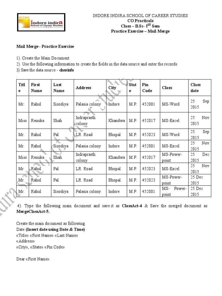 CO Practicals Class - B.Sc-I Sem Practice Exercise - Mail Merge | PDF | Written Communication ...