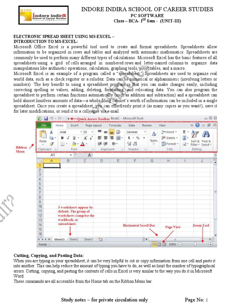 PC Software Class - BCA-I Sem - (UNIT-III) : Electronic Spread Sheet Using Ms-Excel ...