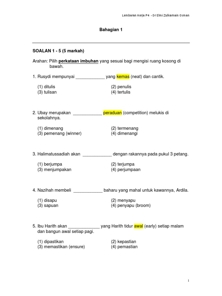Lembaran Kerja P4 (Soalan) - Practice Paper Malay Tuition Bahasa Melayu Tutor | PDF