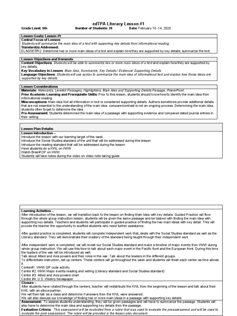 Walker Task1 LP | PDF | Educational Assessment | Lesson Plan