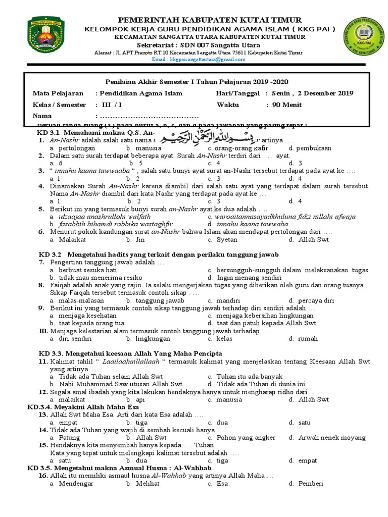 Soal Pas KLS Iii 2019 2020 | PDF