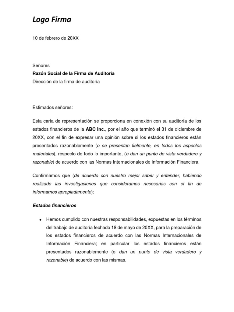 Modelo Carta de Representacion | PDF | Auditoría | Estado financiero