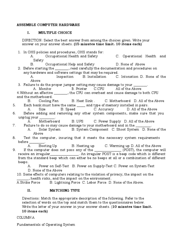 Assemble Computer Hardware I. Multiple Choice | PDF | Operating System | Input/Output