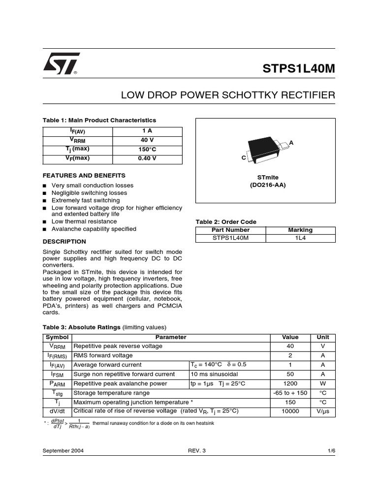 STPS1L40M: Low Drop Power Schottky Rectifier | PDF | Rectifier | Manufactured Goods