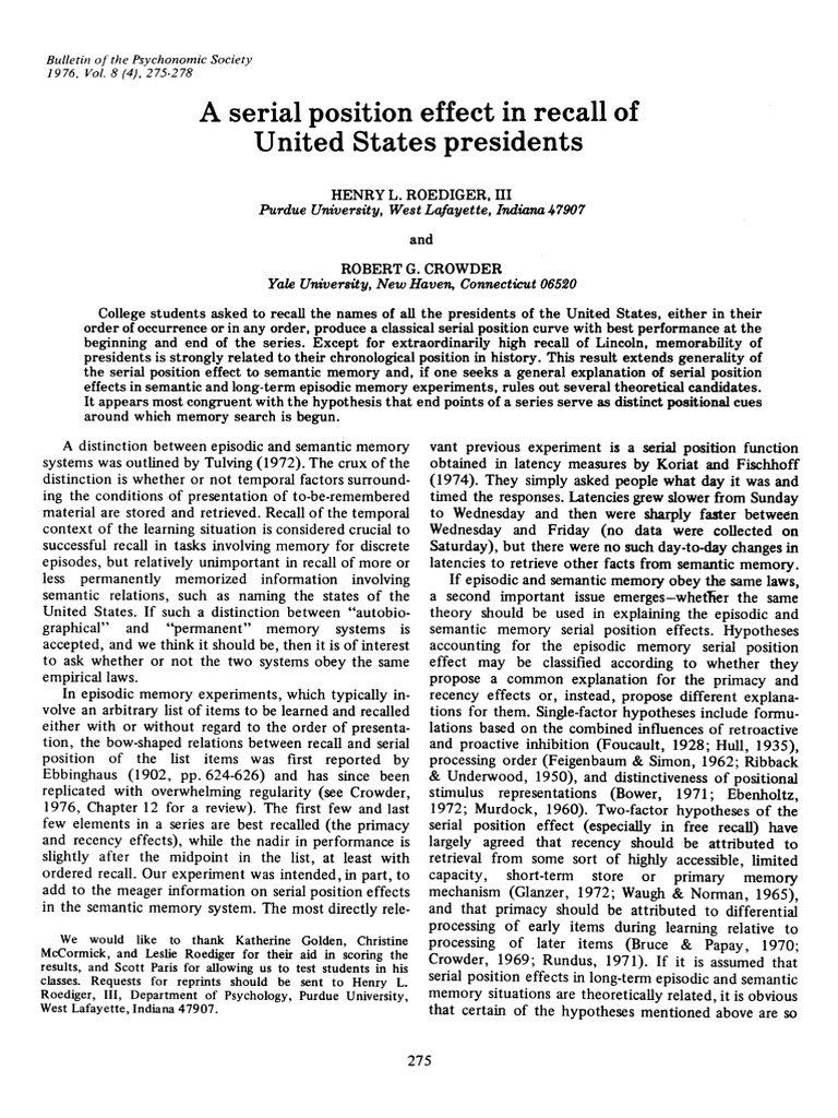 A Serial Position Effect in Recall of United States Presidents | PDF ...