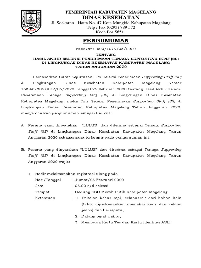 Pengumuman Hasil Akhir Seleksi SS TH 2020 | PDF