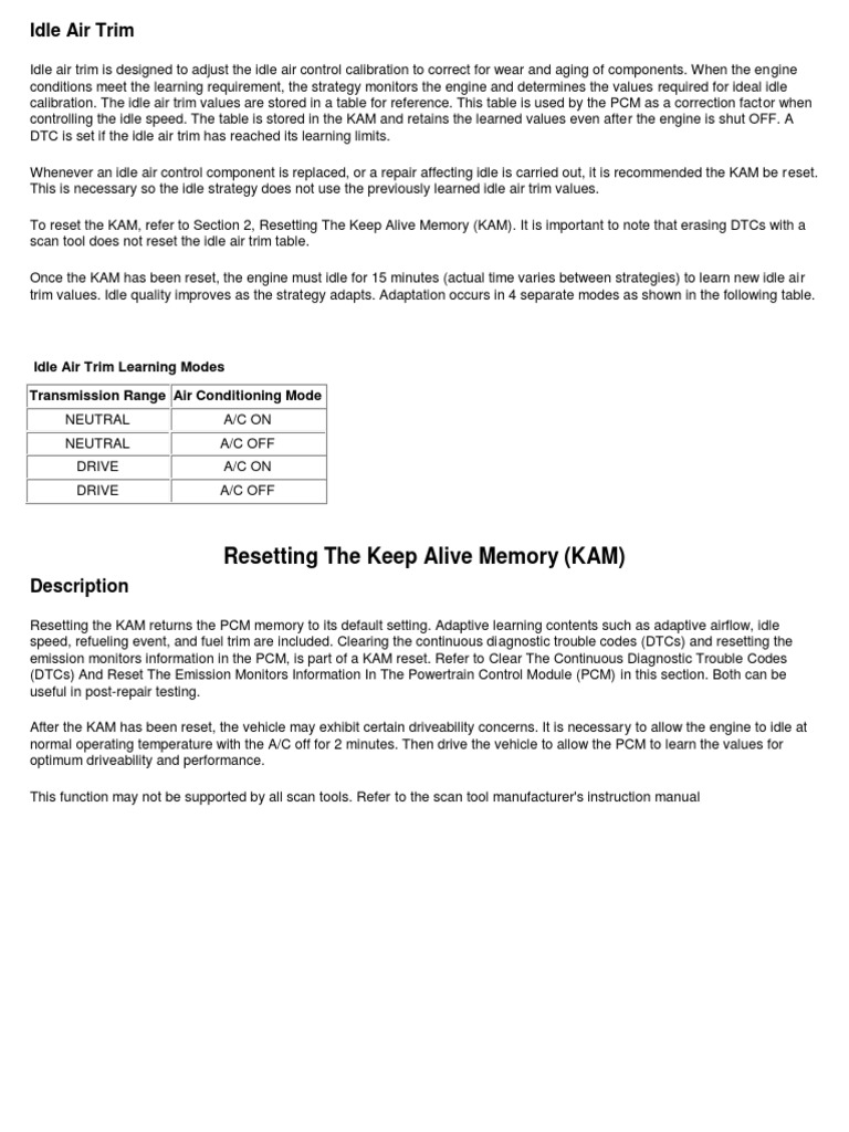 Resetting The Keep Alive Memory (KAM) : Idle Air Trim Learning Modes ...