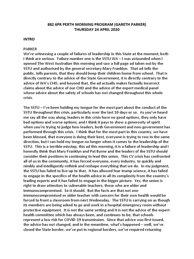 Transcipt - 882 6pr Perth Morning Program - Schools - 240420 | PDF | Wellness | Lifestyle