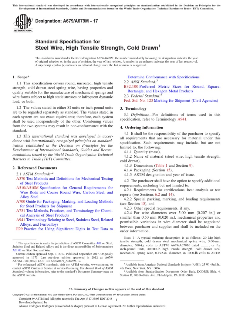 Steel Wire, High Tensile Strength, Cold Drawn: Standard Specification ...