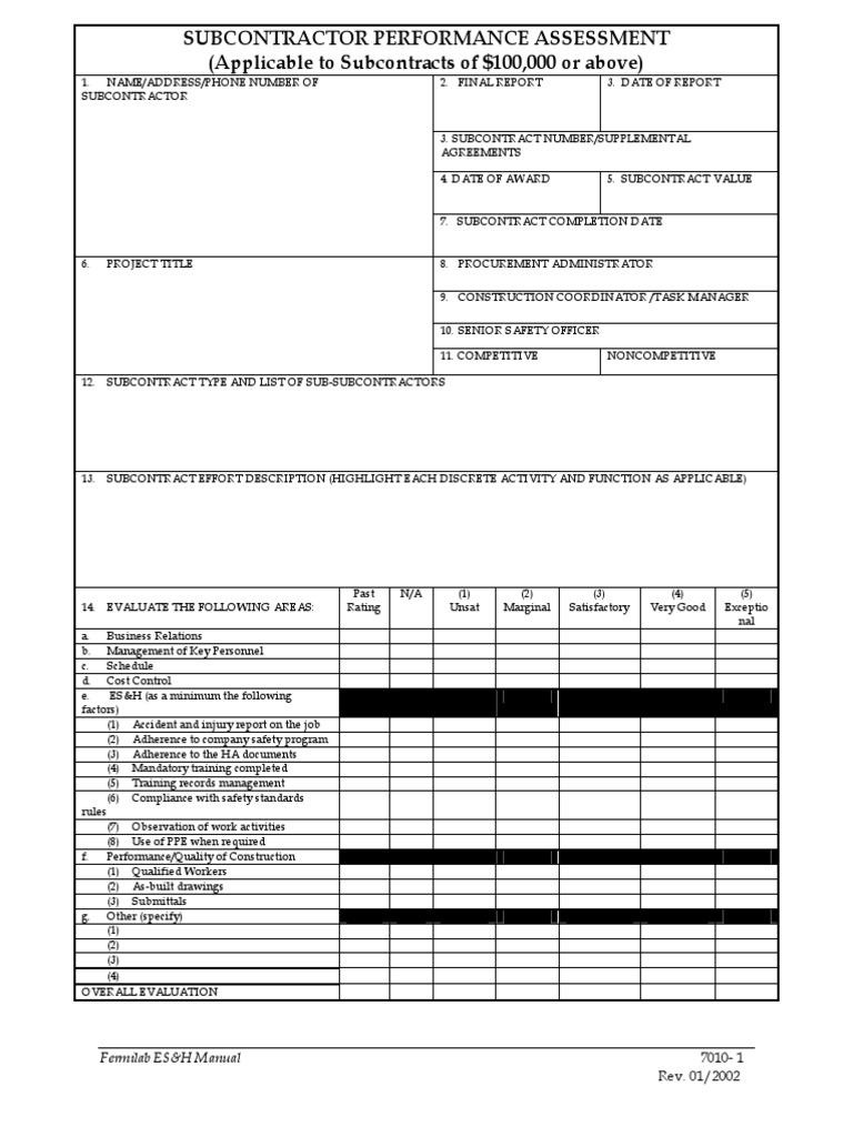 7010 - Subcontractor Performance Assessment Form | PDF | Evaluation | Economies