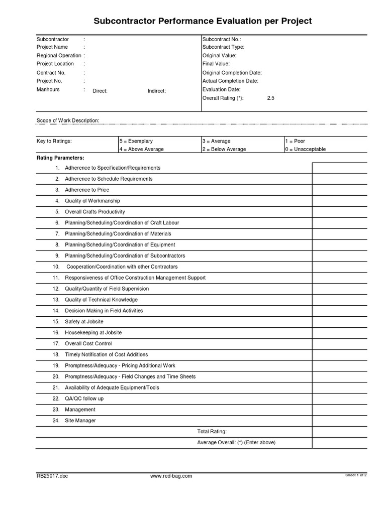 Subcontractor Performance Evaluation Per Project: Rating Parameters | PDF | Economic Sectors ...
