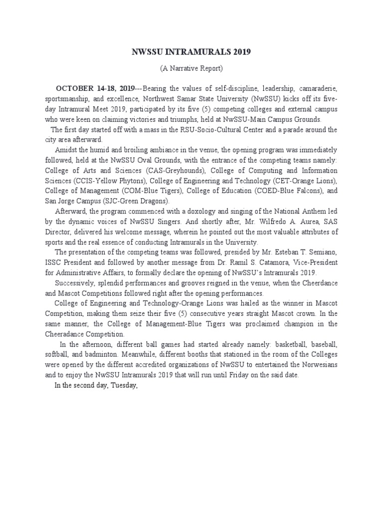 NWSSU INTRAMURALS 2019-Narrative Report | PDF | Sports | Leisure