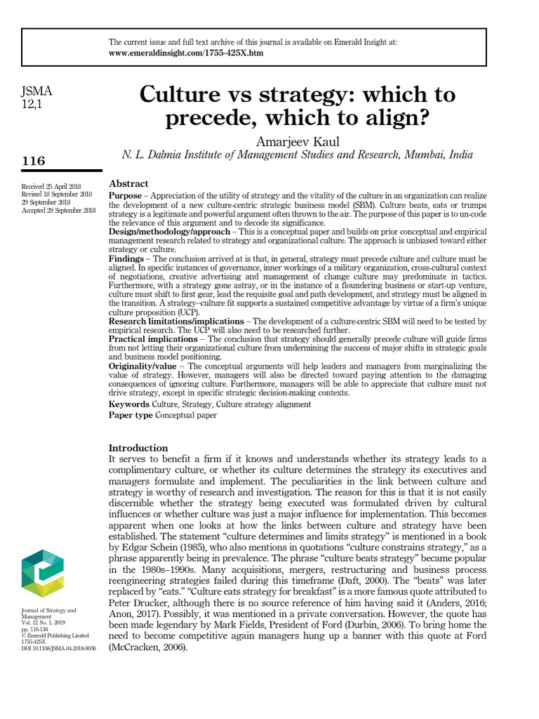 Culture Vs Strategy | PDF | Organizational Culture | Business