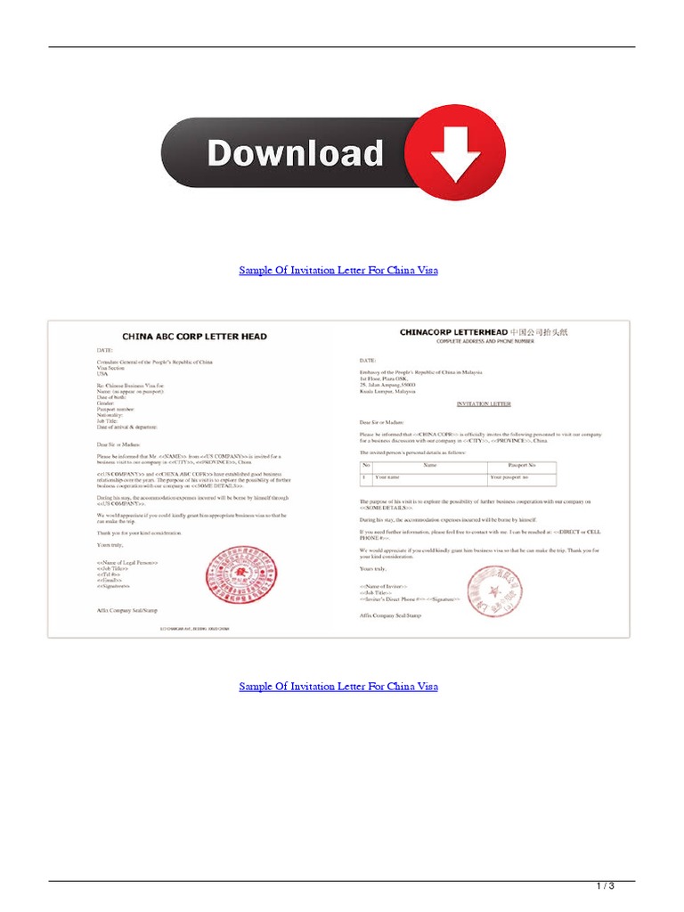 China Visa Invitation Letter Sample | PDF | Travel Visa | Consul ...