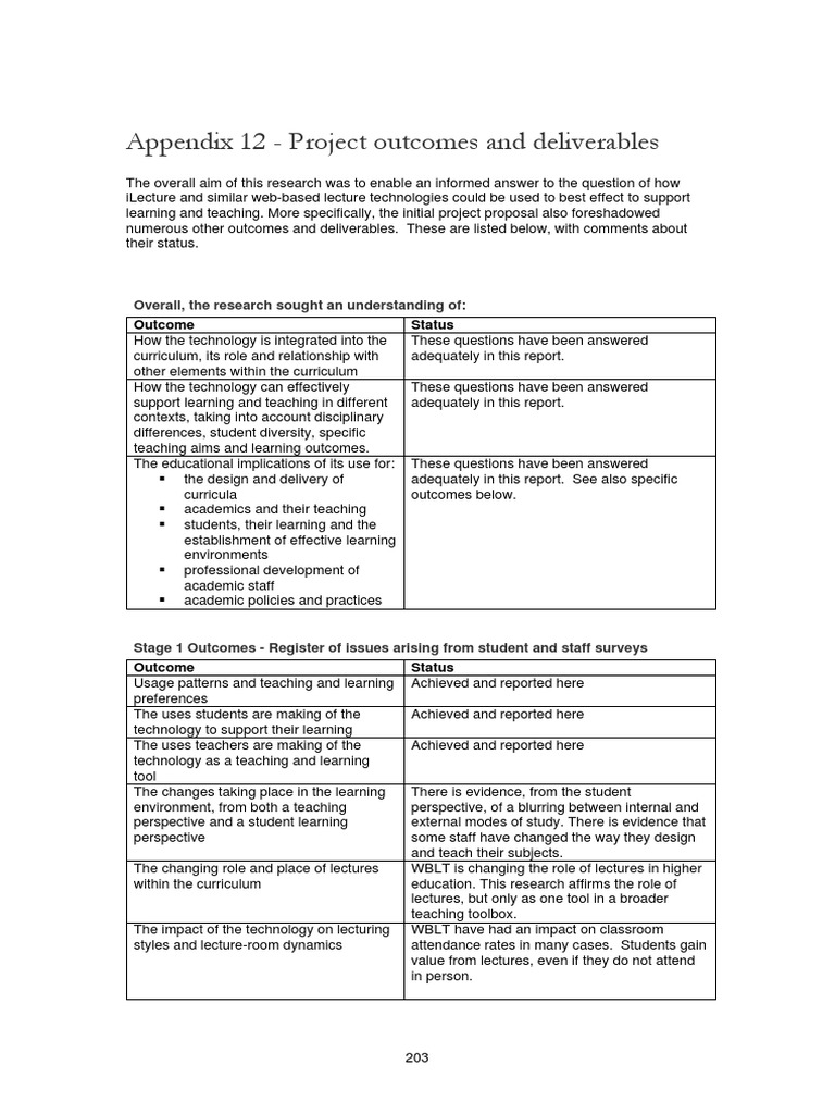 Appendix 12 - Project Outcomes and Deliverables: Overall, The Research ...
