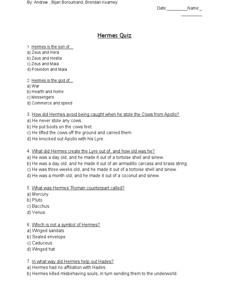 Hermes Quiz: Test Your Knowledge | PDF | Hades | Ancient Greek Religion