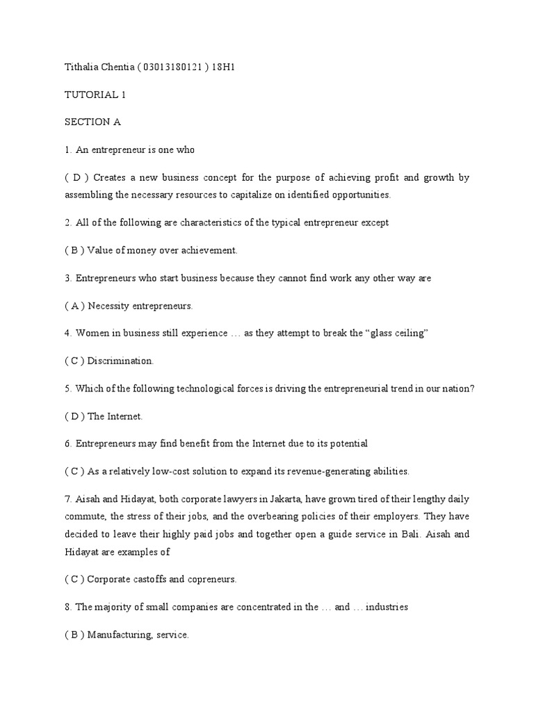 Tutorial 1-1 | PDF | Entrepreneurship | Economies