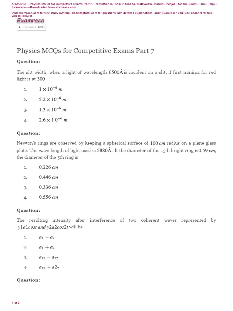 Physics MCQs Part 7 PDF | PDF | Wavelength | Electromagnetic Radiation