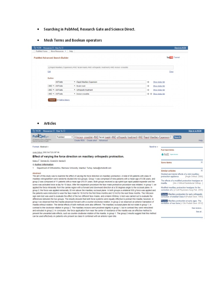 Searching in Pubmed, Research Gate and Science Direct. Mesh Terms and ...