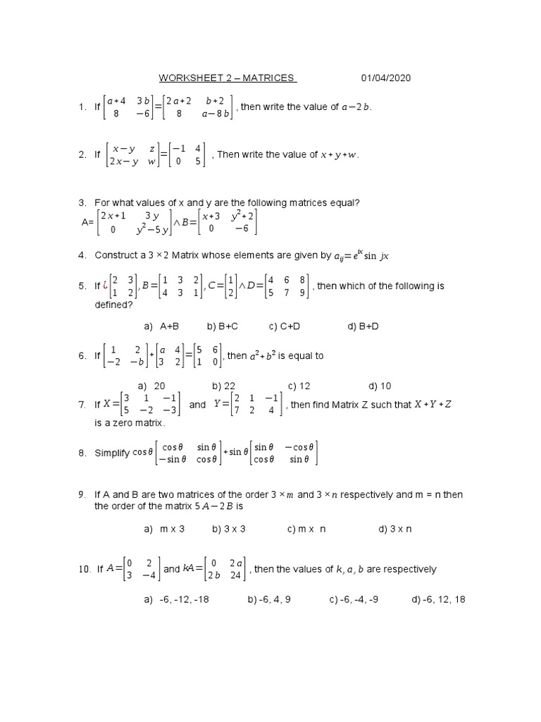 Worksheets - 12TH - 2020-21 | PDF | Matrix (Mathematics) | Mathematical ...