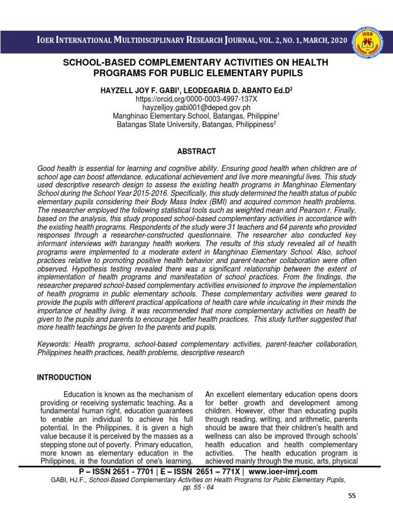School-Based Complementary Activities On Health Programs For Public ...