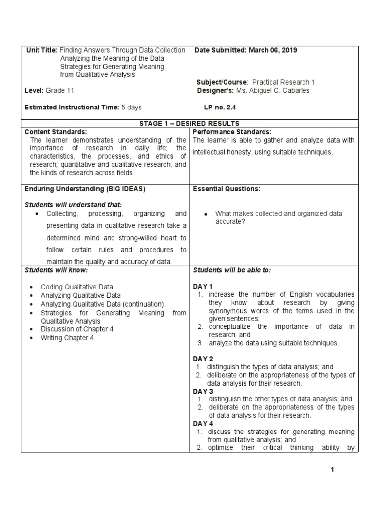 Lesson Plan in Practical Research 1 | PDF | Qualitative Research | Data