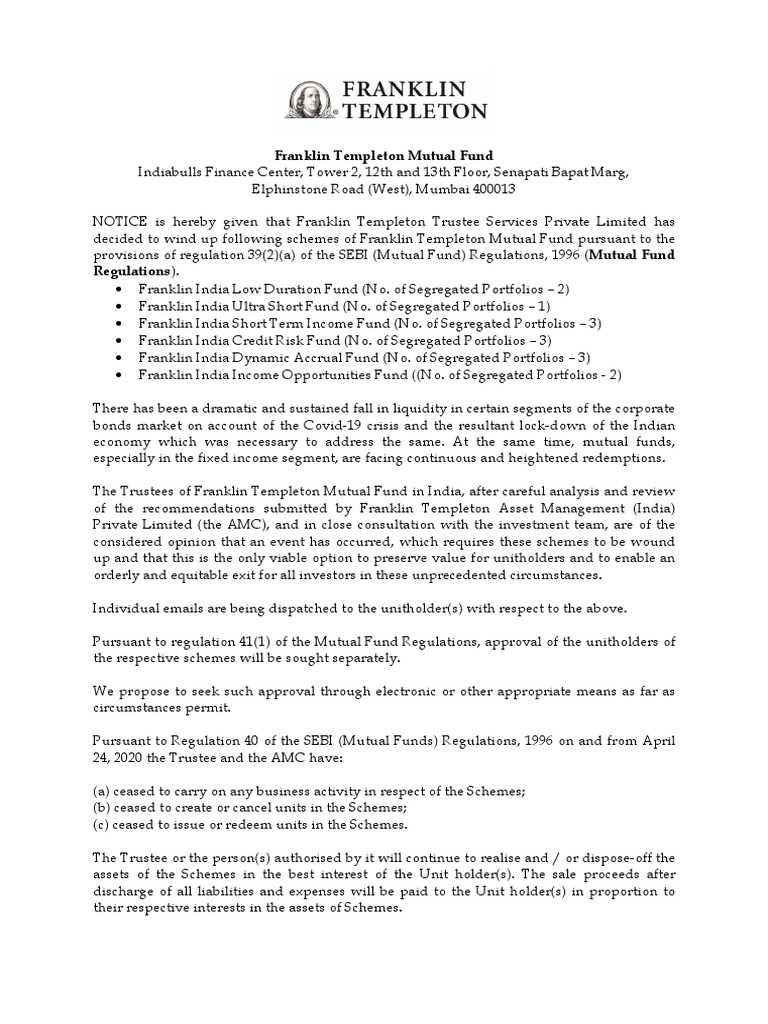 Notice of Winding Up-Final | Download Free PDF | Mutual Funds | Trustee