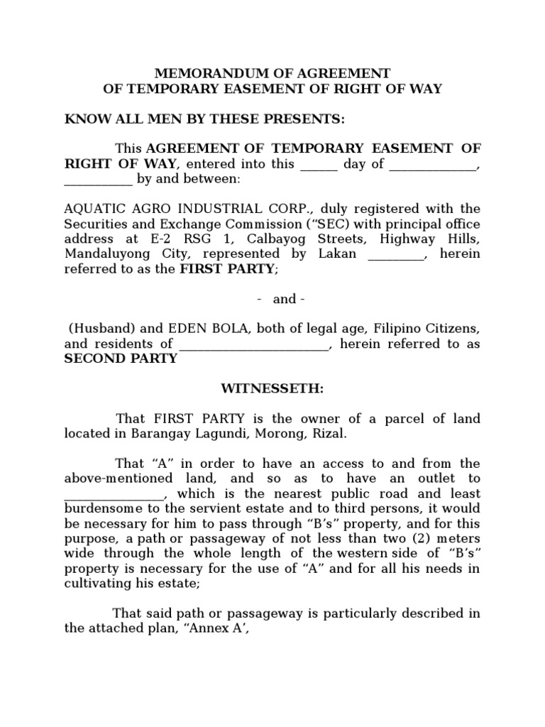 Memorandum of Agreement of Temporary Easement of Right of Way Know All ...