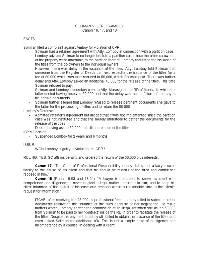 Soliman v. Lerios-Amboy: Atty's violation of CPR | PDF | Virtue ...