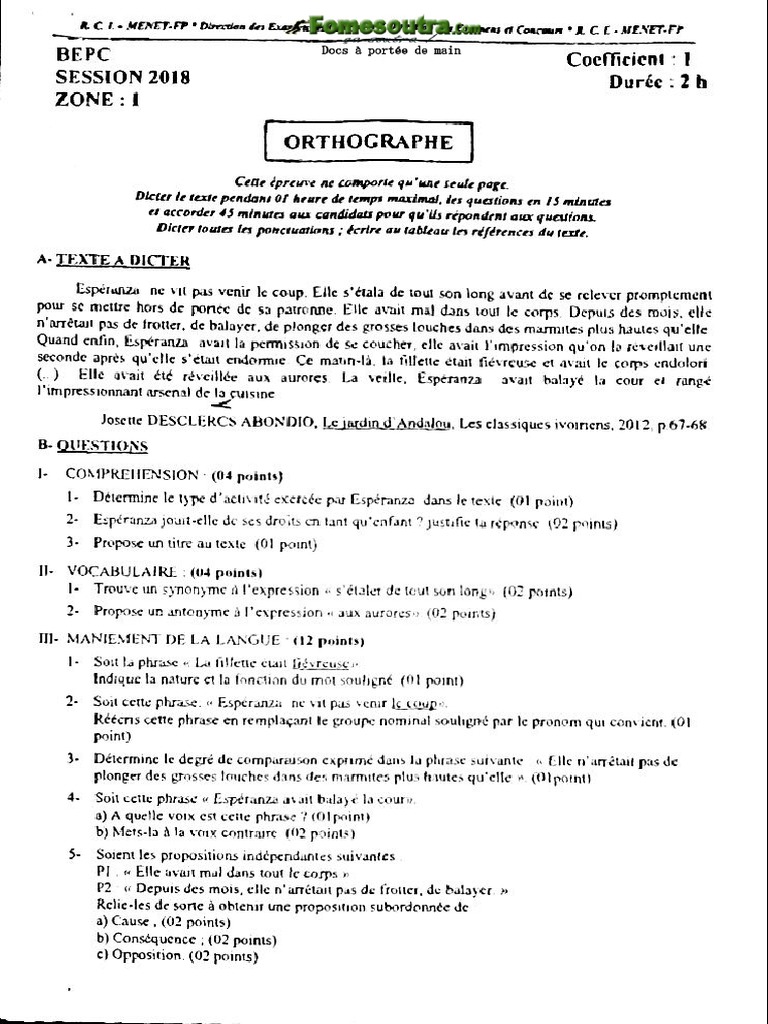 Sujet Corrige Orthographe Bepc 2018 Zone1 | PDF