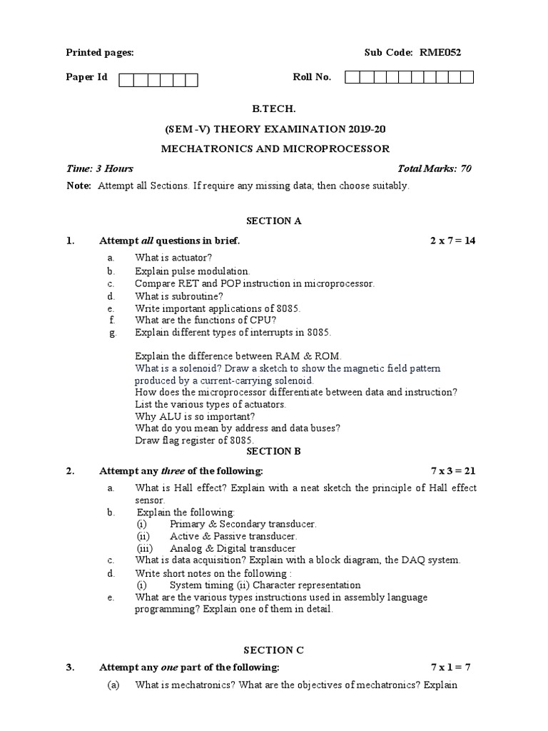 B.Tech Mechatronics and Microprocessor Exam Questions | PDF | Integrated Circuit | Central ...