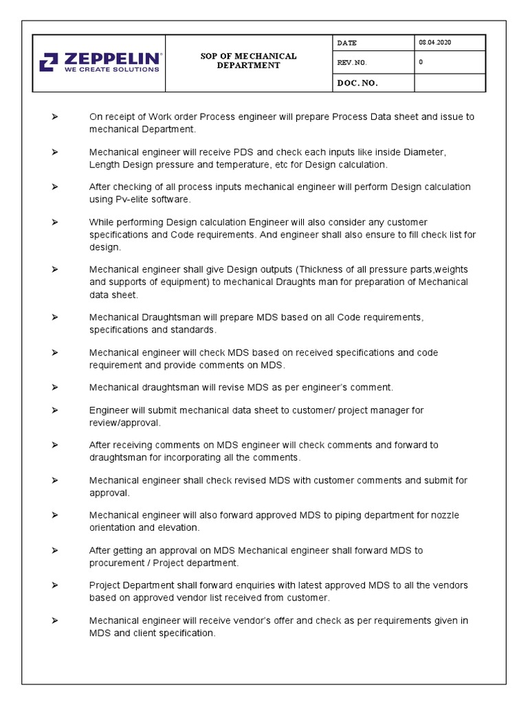 Sop of Mechanical Department Doc. No | PDF | Specification (Technical ...