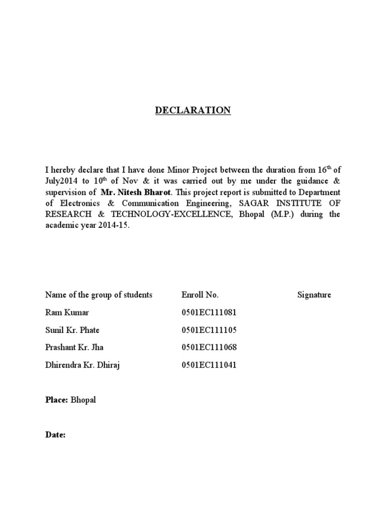 Minor Project Declaration 2014-15 | PDF | Science & Mathematics