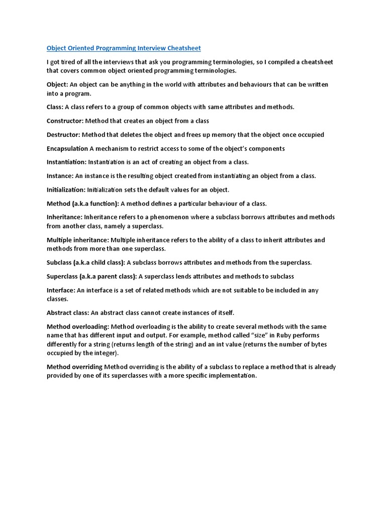 Object Oriented Programming Interview Cheatsheet | PDF | Method ...