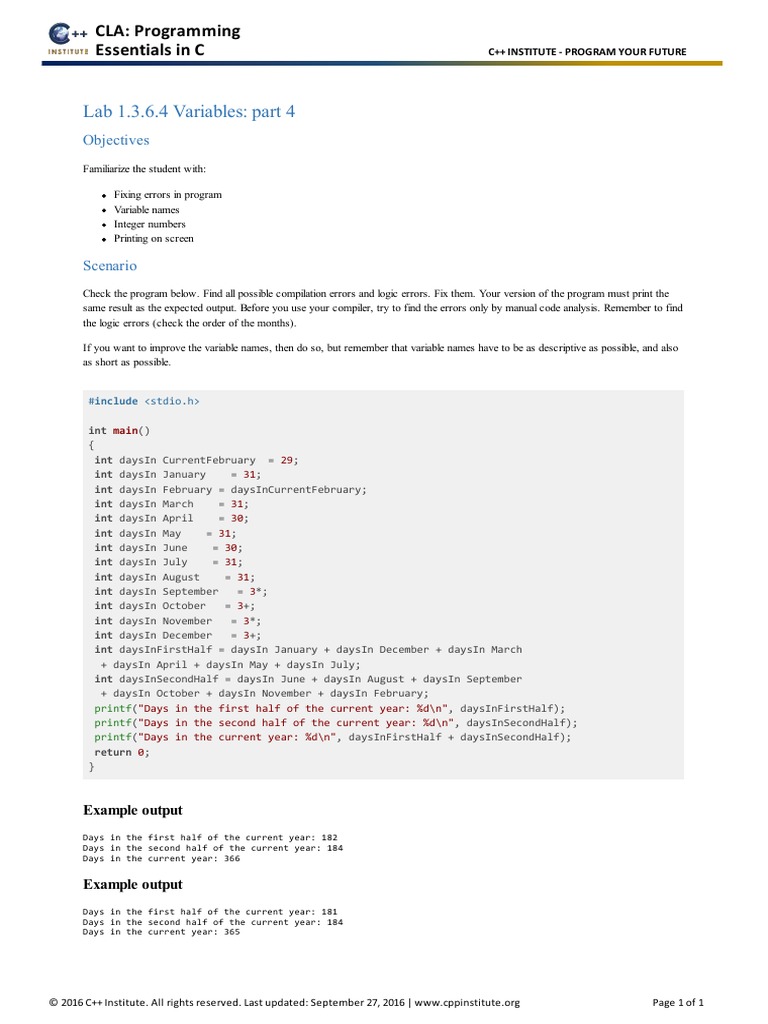 CLA: Programming Essentials in C: Lab 1.3.6.4 Variables: Part 4 | PDF | Integer (Computer ...