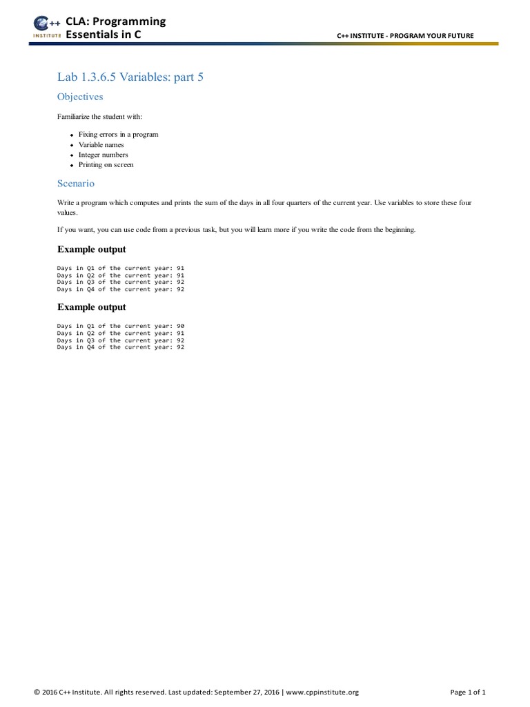 CLA: Programming Essentials in C: Lab 1.3.6.5 Variables: Part 5 | PDF