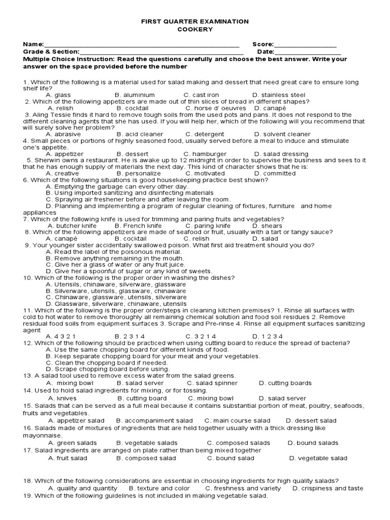 Cookery 1st Exam | Download Free PDF | Salad | Foods