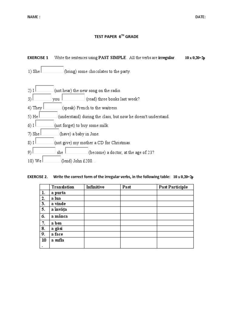 Test Paper 6 Grade: Name: Date | PDF | Verb | Grammar