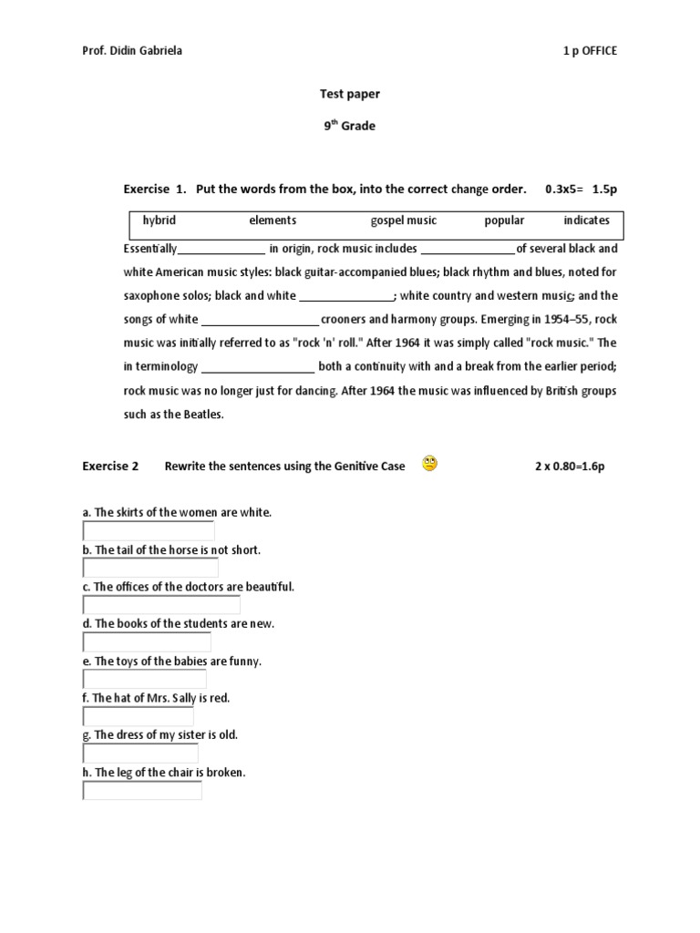 Test Paper 9th Grade | PDF | Rock Music | Performing Arts