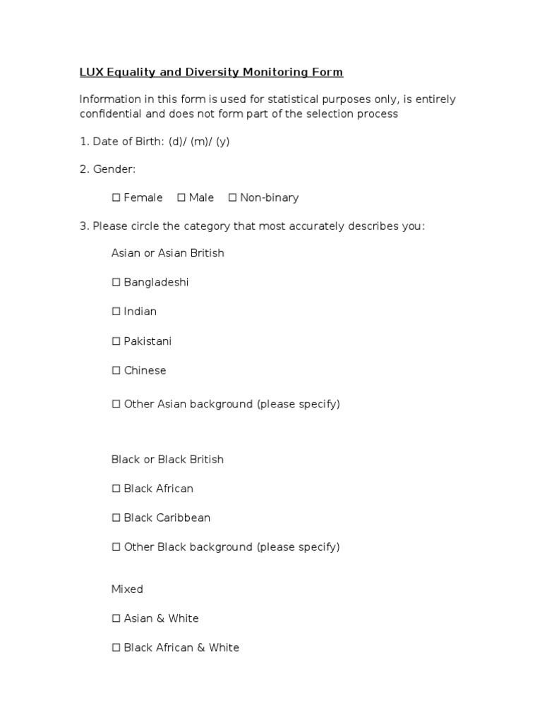 LUX Equality and Diversity Monitoring Form | PDF
