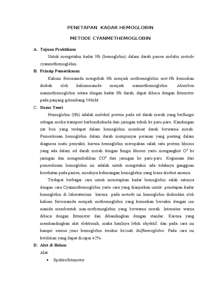 Metode Cyanmethemoglobin untuk Kadar Hb | PDF