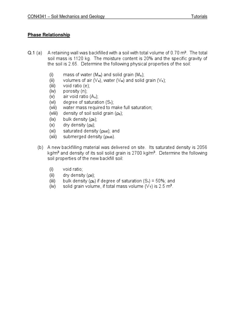 Phase Relationship: CON4341 - Soil Mechanics and Geology Tutorials ...
