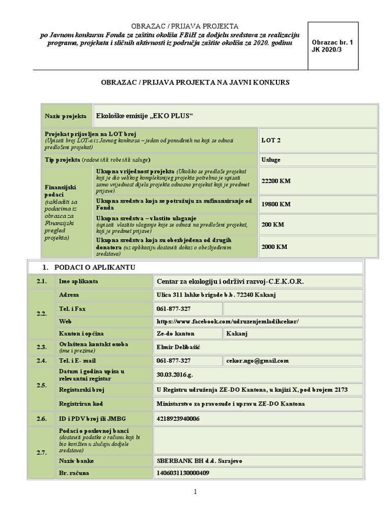 Obrazac / Prijava Projekta Na Javni Konkurs | PDF