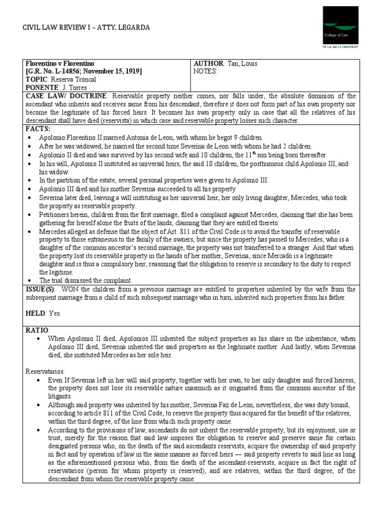 Civil Law: Reserva Troncal Case Analysis | PDF | Inheritance | Property