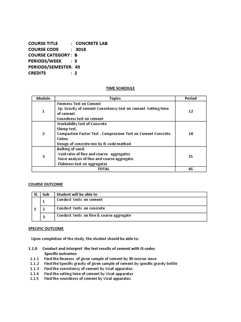 Course Title: Concrete Lab Course Code: 3018 Course Category: B Periods ...