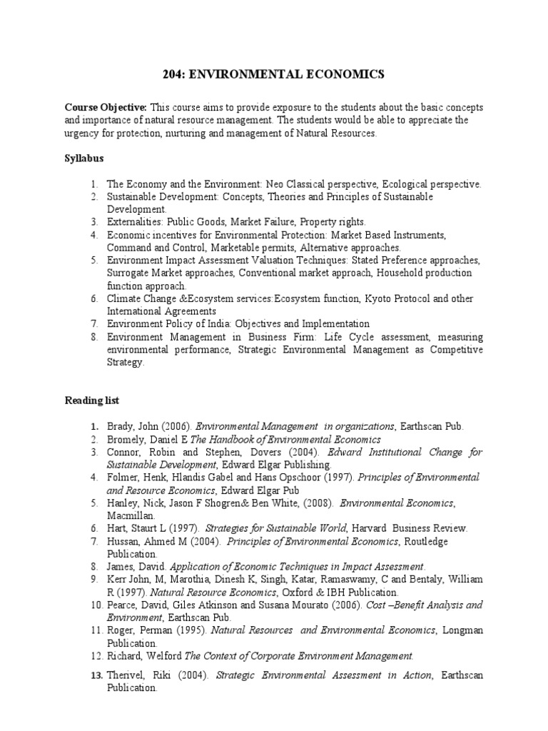 Environmental Economics Course Overview | PDF | Environmental Resource ...